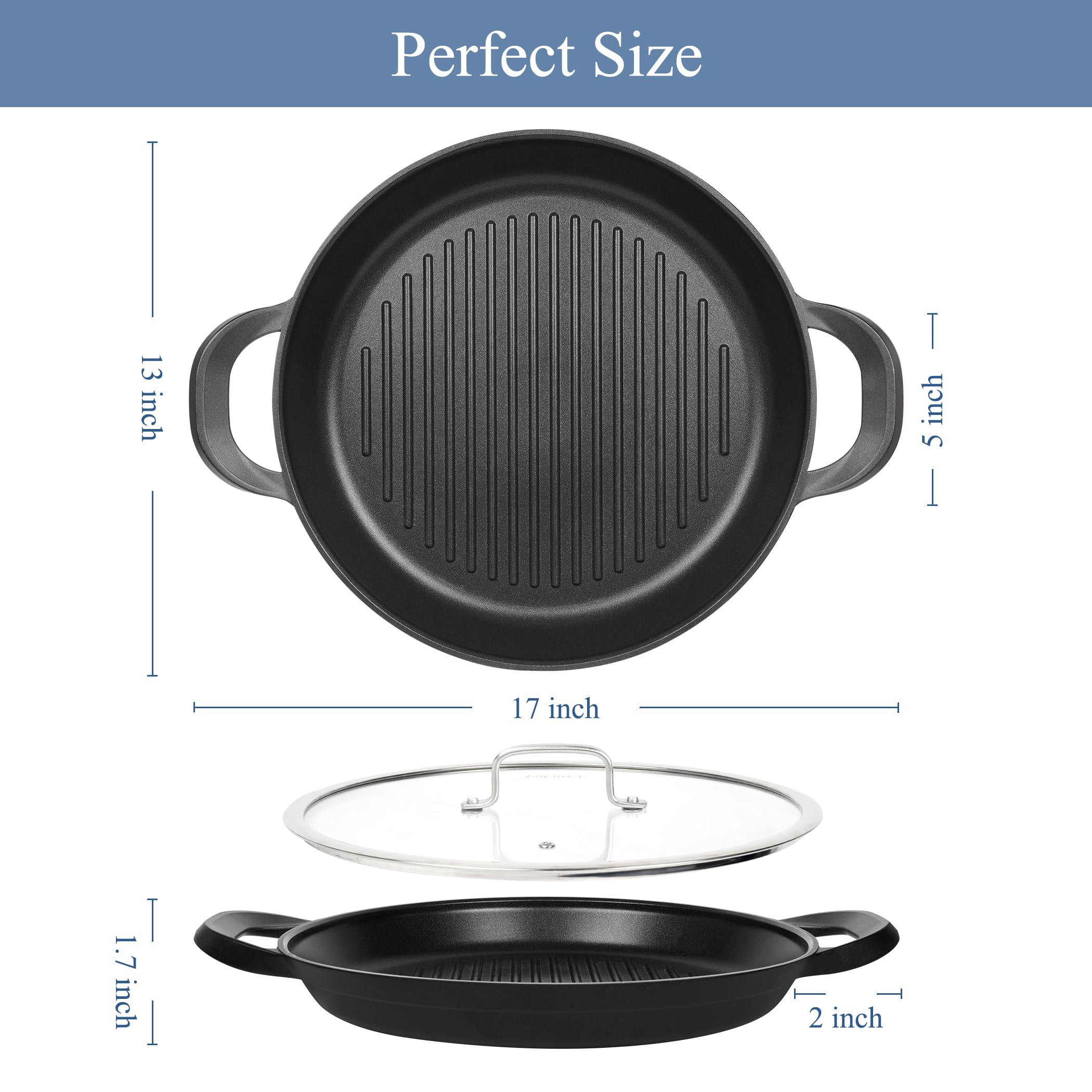 Vinchef Nonstick Grill Pan for Stove tops | 13.0" Skillet, Indoor Induction Cast-aluminum Grill Pan with Lid and Anti-Scalding Tools, GRANITEC Nonstick Coating, Dishwasher & Oven Safe