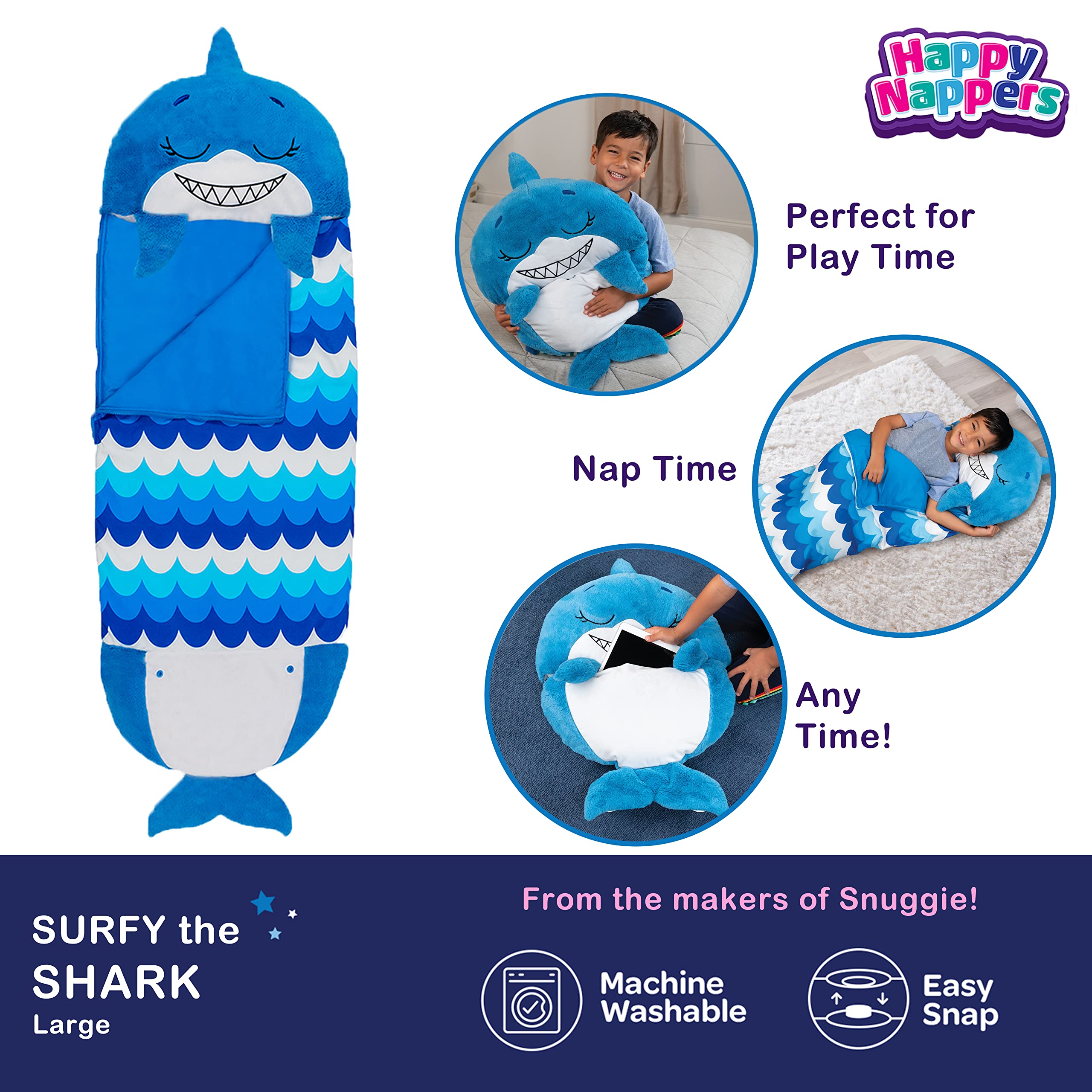 Happy Nappers Pillow & Sleepy Sack- Comfy, Cozy, Compact, Super Soft, Warm, All Season, Sleeping Bag with Pillow- Blue Shark (Large 66β x 30β)