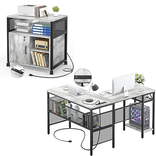 Unikito L Shaped Desk with USB Charging Port and Power Outlet and Office Lateral File Cabinet White Oak