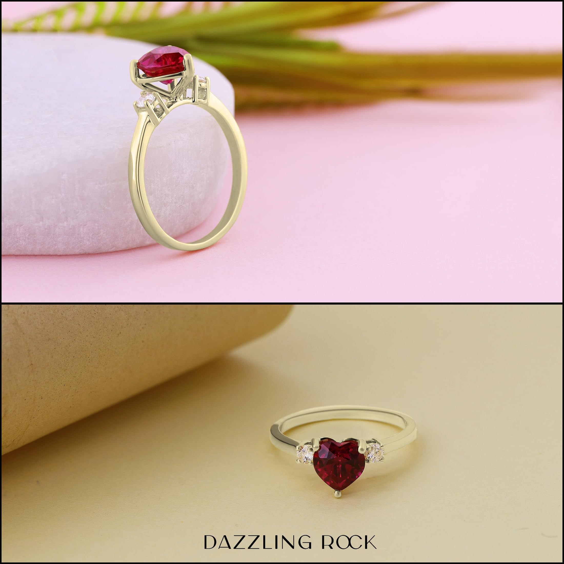 Dazzlingrock Collection 7mm Heart Lab Created Ruby & Round White Diamond 3 Stone Engagement Ring for Women in 10K Solid Yellow Gold Size 9