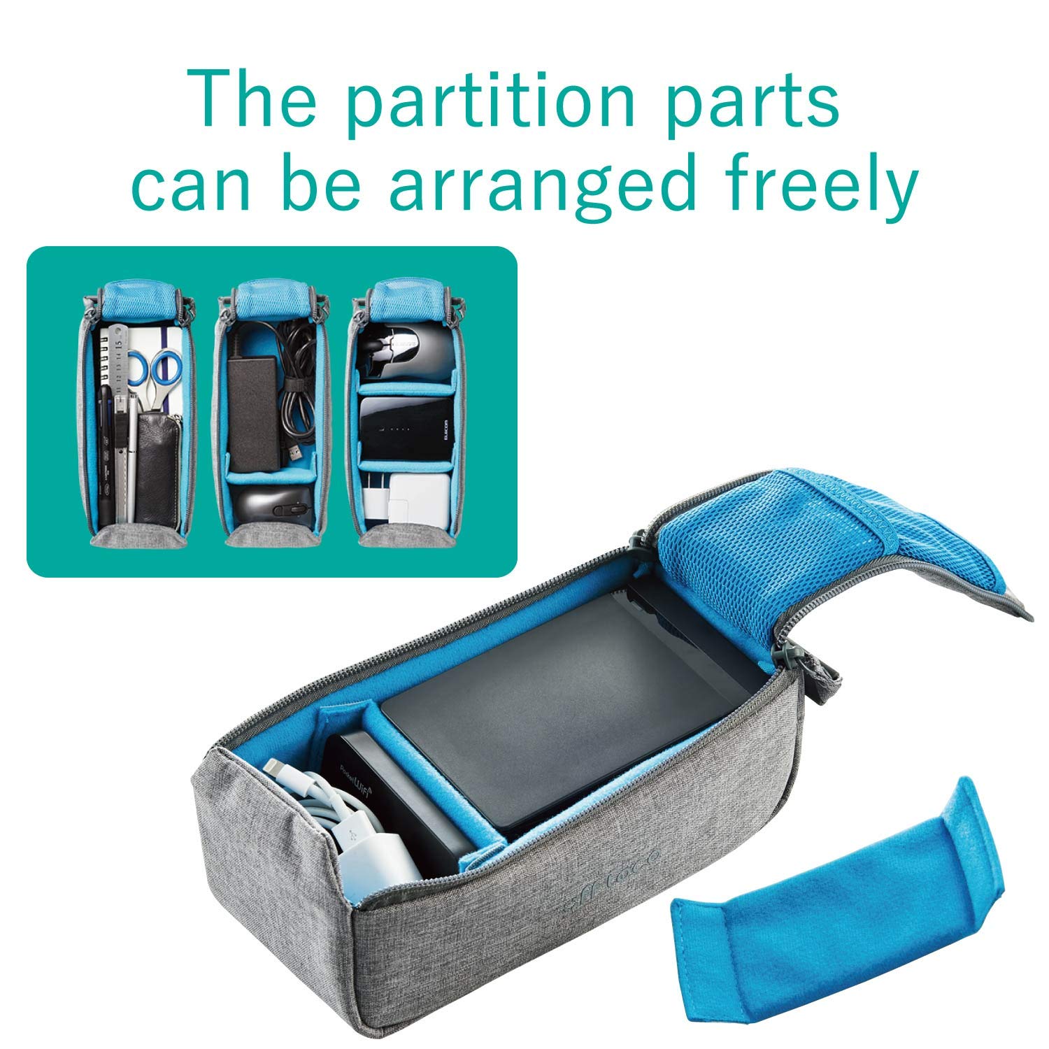 ELECOM Gadget Organized Pouch Bag for Mouse, Charger, Hard Devices, and Cables, Inside Partitions, Water-Repellent Material, Double Zipper/Glay/BMA-OF01GY
