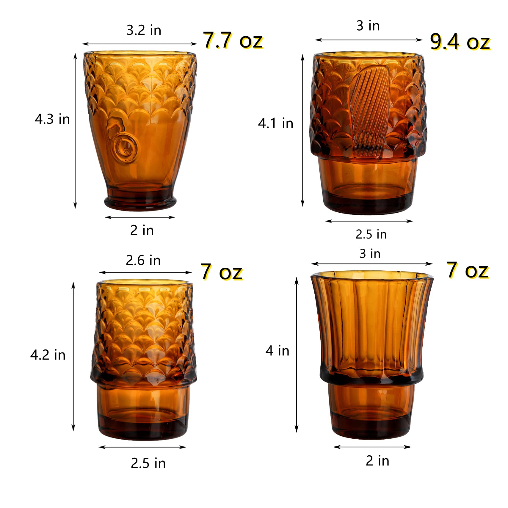 Frcctre Set of 4 Koi Fish Design Drinking Glasses, Stackable Amber Tumbler Glasses Beverage Cups Juice Tumblers Drinking Water Cups Nautical Glassware for Home, Party, Bar