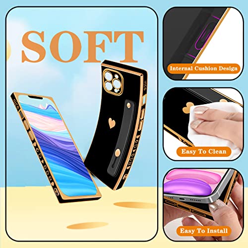Petitian for iPhone 13 Pro Max Square Case with Loopy Stand/Strap, Luxury Cute Women Girls Heart Electroplated Designer Squared Edge Phone Cases for 13 Pro Max Black