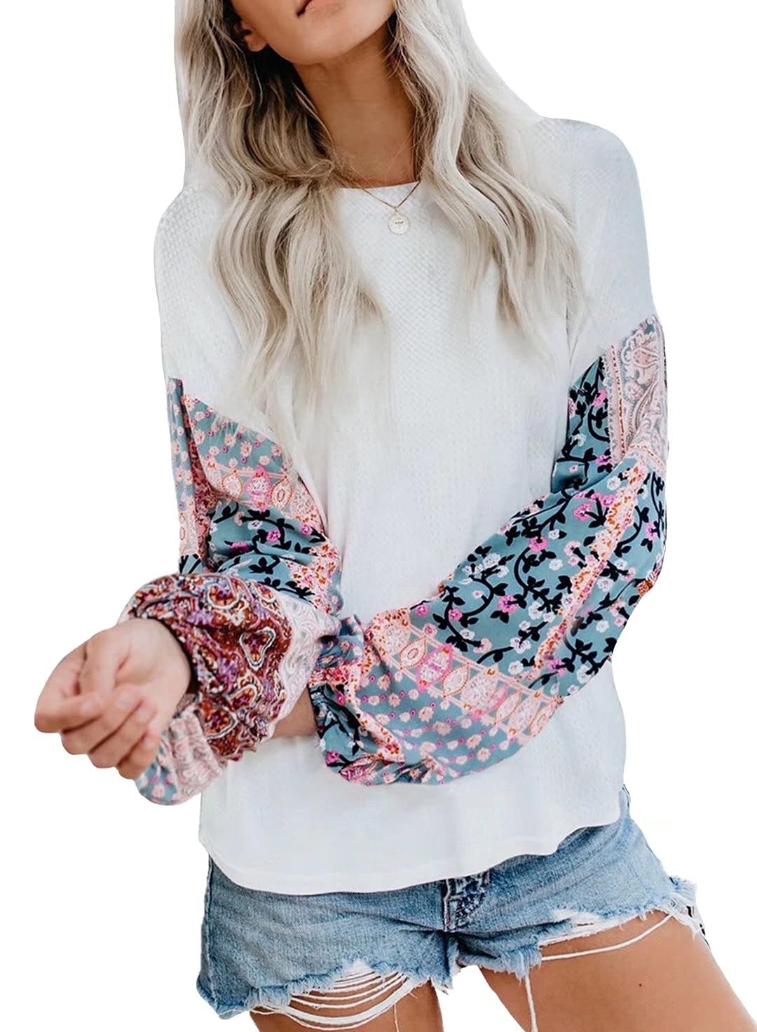 Dokotoo Womens Ladies Cute Patchwork Contrast Raglan Paisley Long Sleeve Loose Slouchy One Shoulder Waffle Knit Oversized Sweaters Pullover Sweatshirts Blouses Fall Tops Baggy T Shirts Multi XL
