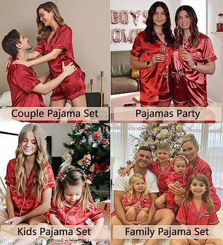 SWOMOG Womens Silk Satin Pajamas Short Sleeve Sleepwear Two-piece Loungewear Button-Down Pj Set Nightwear Red