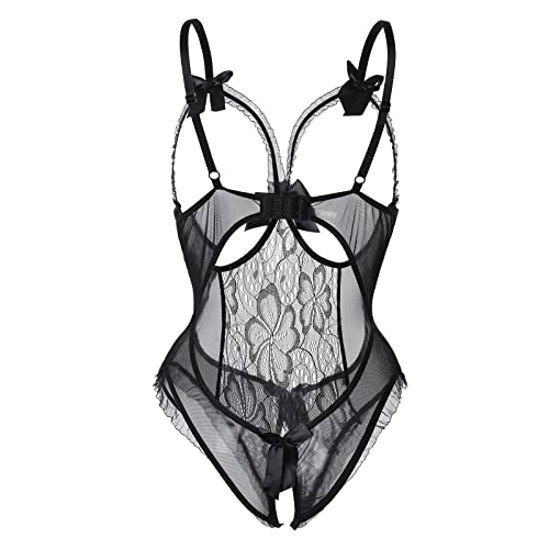 Women Sexy Sleepwear Chemise Nightgown Plus Size Corset Lingerie Lace Babydoll Sleepwear Boudoir Outfits(Black,Medium)