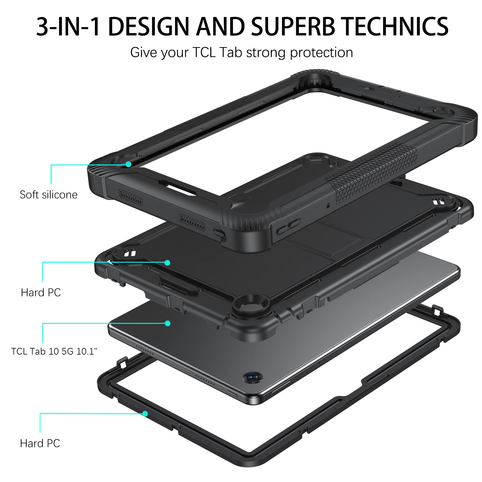DUEDUE for TCL Tab 10 5G 10.1" Tablet Case, 3 in 1 Hybrid Shockproof Silicone Gel Protective Tablet Cover with Kickstand for TCL Tab 10 5G 9183W(2022 Release), Black