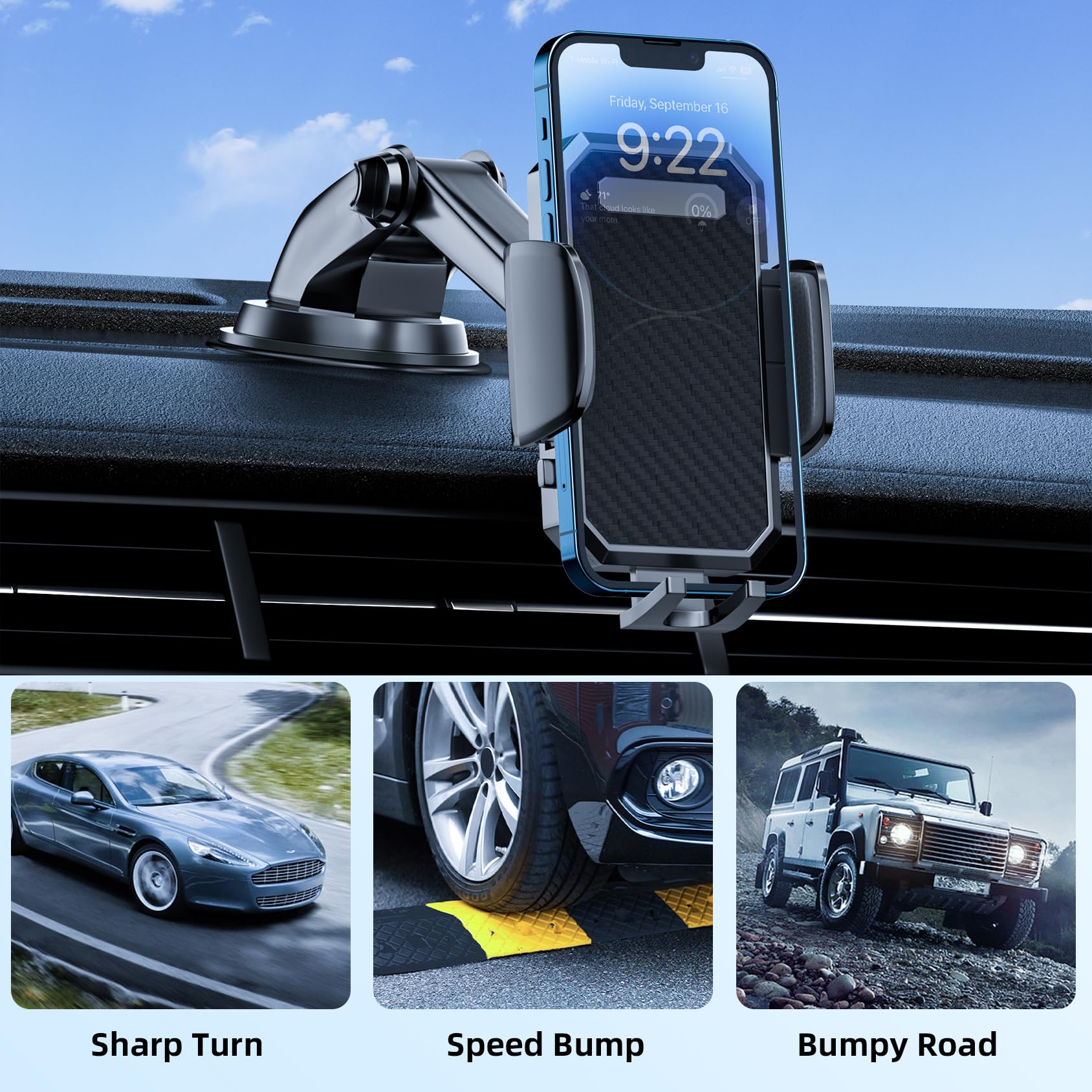 FBB Phone Holder Car, [Off-Road Level Suction Cup Protection] Universal Car Phone Holder 3in1 Long Arm Suction Cup Phone Mount for Car Mount Dashboard Windshield Vent Compatible with All Smartphones