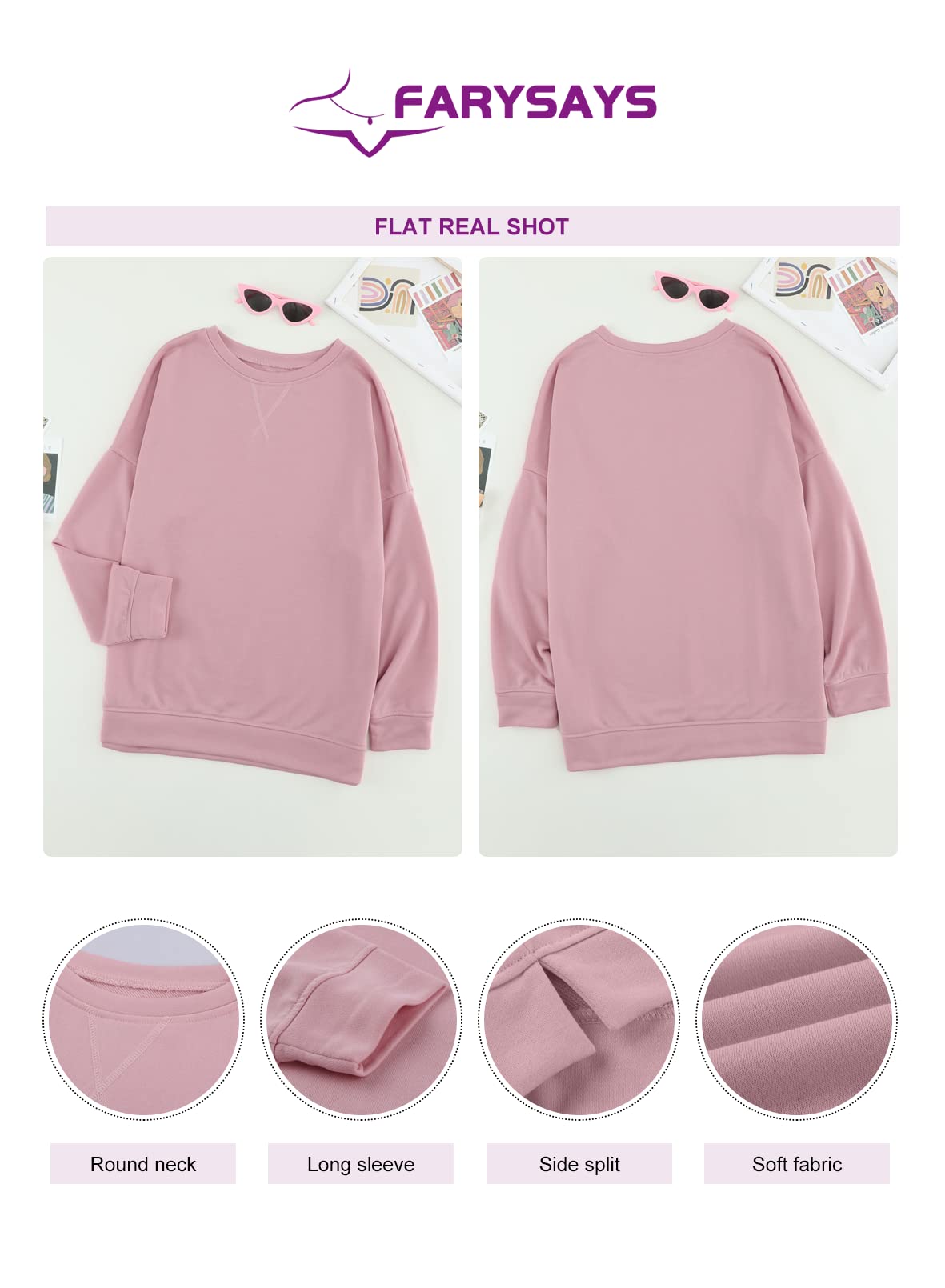 FARYSAYS Women's Winter Clothes for Women Crewneck Sweatshirts Long Sleeve Casual Loose Basic Solid Color Pullover Sweatshirt Tops Pink Medium
