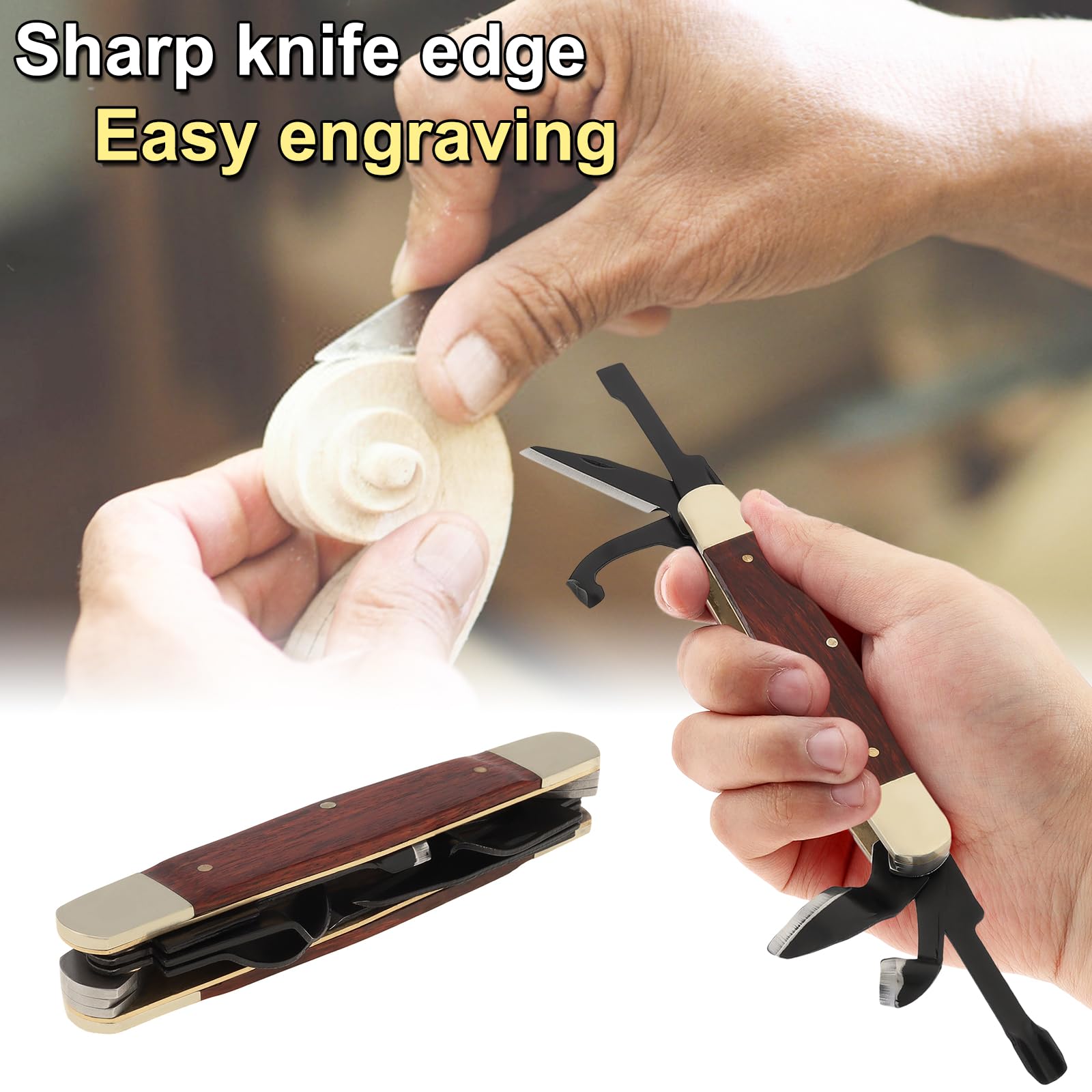 Omninmo Right-Handed Carvin' Jack, Folding Whittling Knife, Multi-Tool Portable Carving Tool Right Handed Carving Jack for Wood Carving, Woodworking, Camping, EDC, and Outdoors (wood)