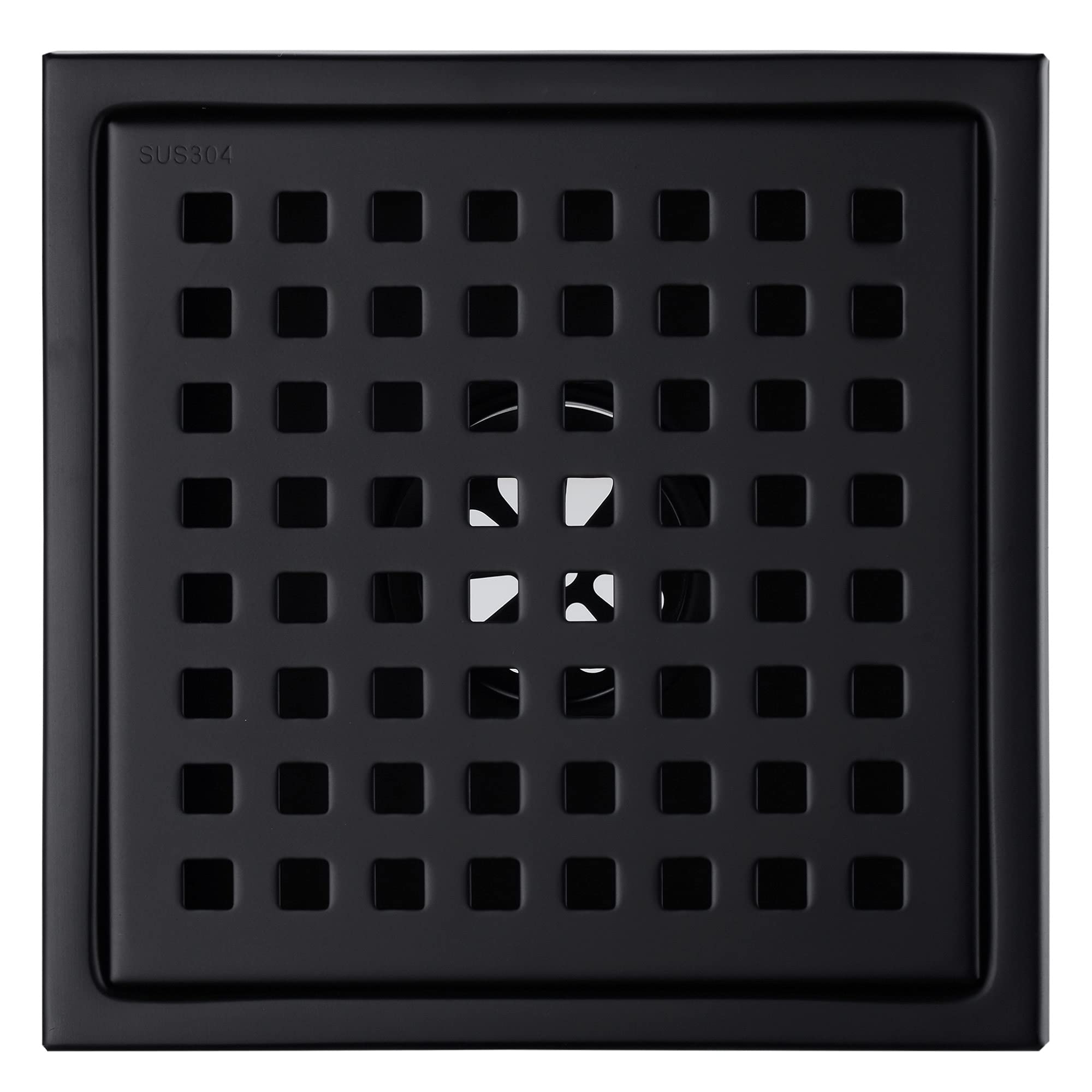 Orhemus 6 Inch Square Shower Drain with Adjustable Shower Drain Base Flange, SUS 304 Stainless Steel Floor Drain with Removable Cover Grid Grate, Matte Black