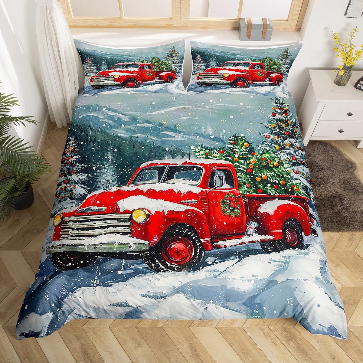 Red Christmas Truck Duvet Cover Set King Size,Winter Snow View Bedding Set for Kids Boys Girls Adults Room Decor,Happy New Year Themed Comforter Cover 3pcs Xmas Pine Quilt Cover,2 Pillowcases