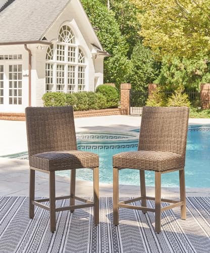 Signature Design by Ashley Walton Bridge Casual Weather Resistant Armless Cushioned Indoor/Outdoor Bar Stool with Cushioned Seat, Set of 2, Light Brown