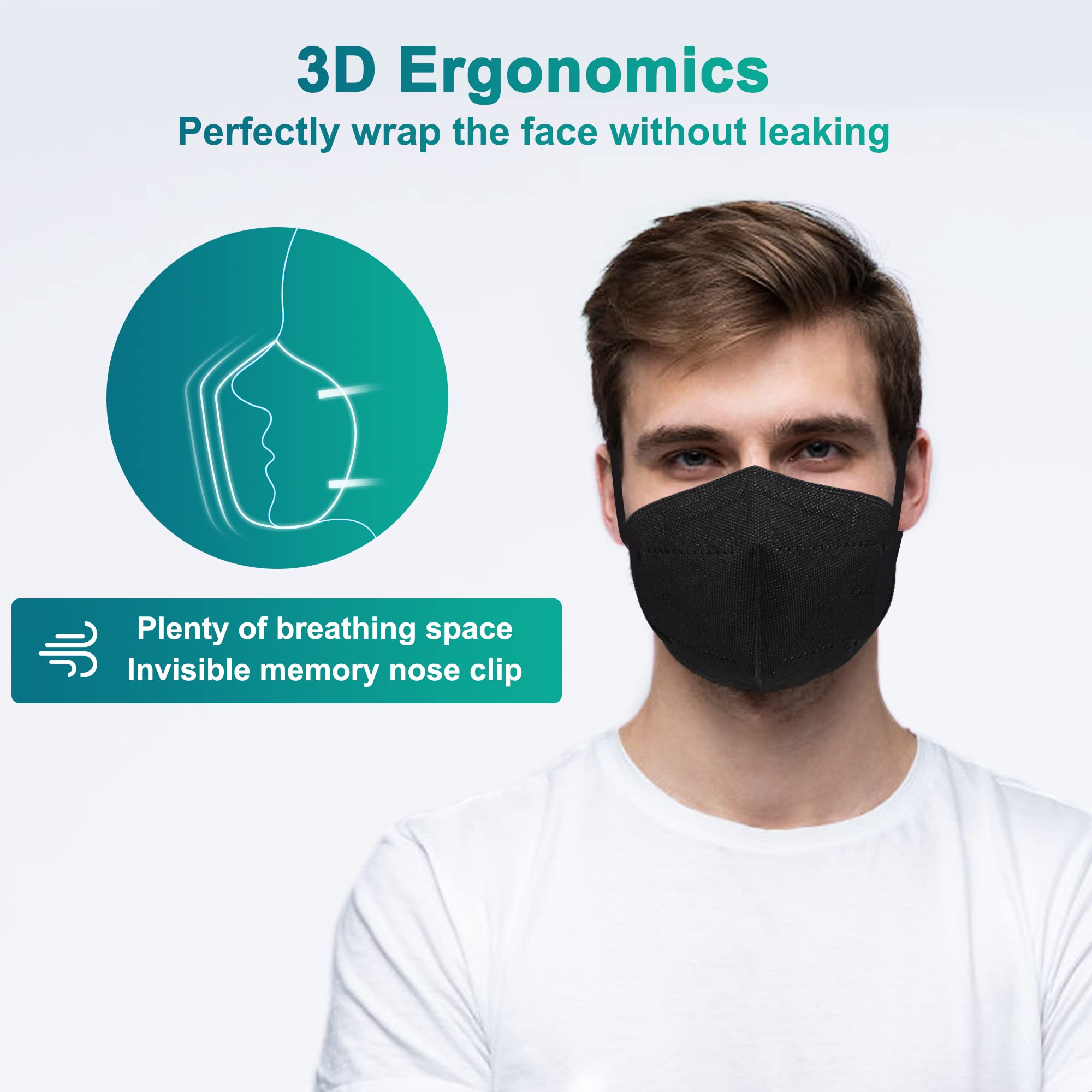 Funight KN95 Face Mask 5-Ply Breathable Filter Disposable Masks Black 40 Pack