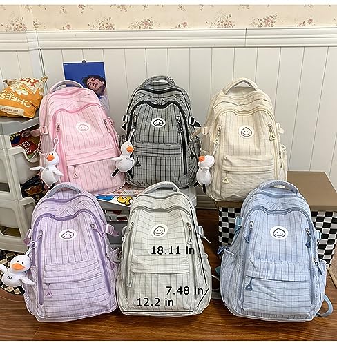 Qyrno Plaid Backpack Kawaii Backpack with Cute Accessories Cute Backpack Aesthetic Backpack DIY Backpack (5-Grey)