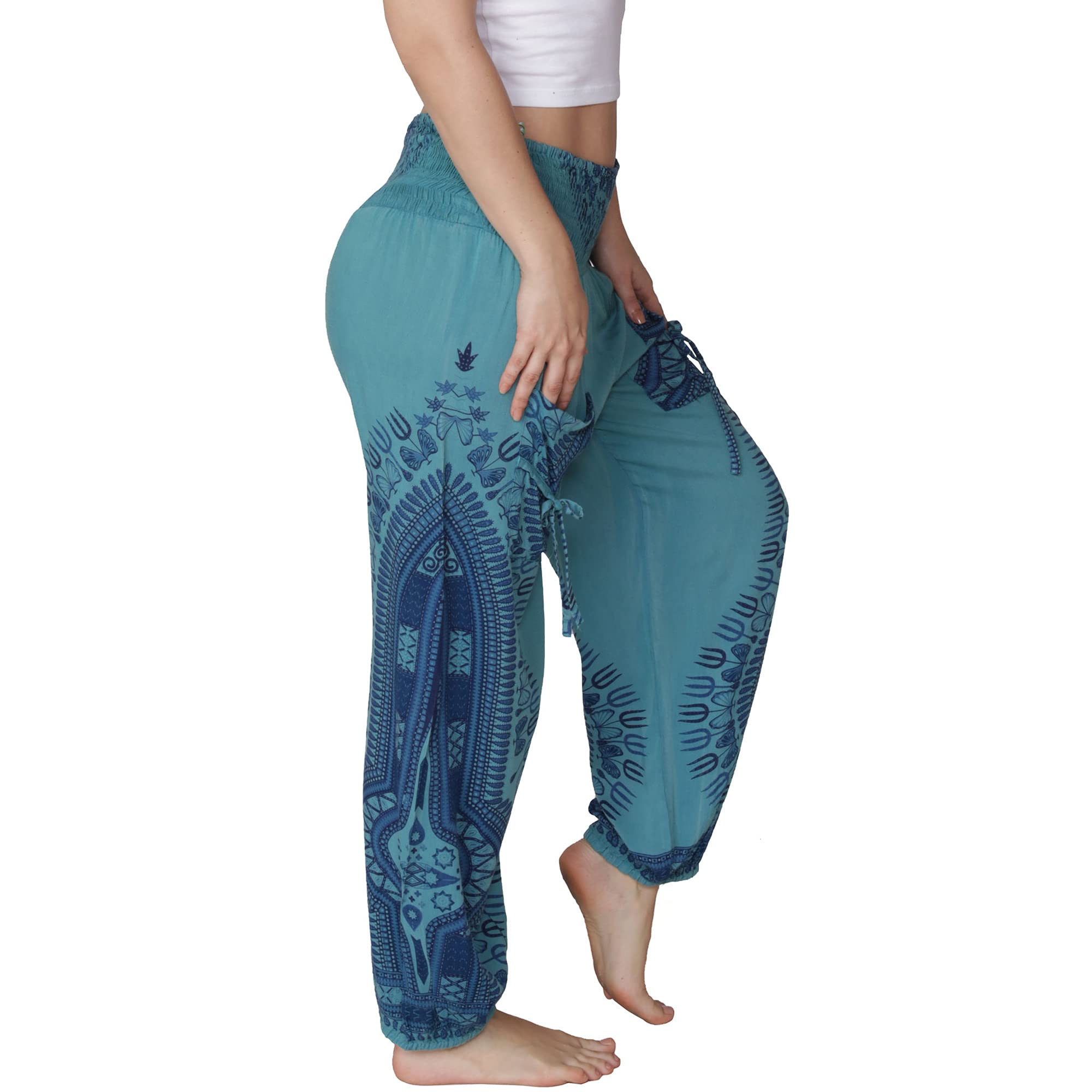 INGEAR Smocked Boho Harem Pants for Women - Hippie Bohemian Casual Gypsy Print, Ideal Yoga Pant - Baggy Harem Pants (X-Large, Solid Black)