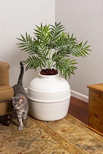 Pets Best Products - The Original Hidden Litter Box, White with Phoenix Palm Plant and Lava Rock