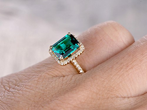 Emerald Engagement Ring,14K Yellow Gold,May Birthstone,6x8mm Emerald Cut Green Gems,Halo,Ball Prong Set