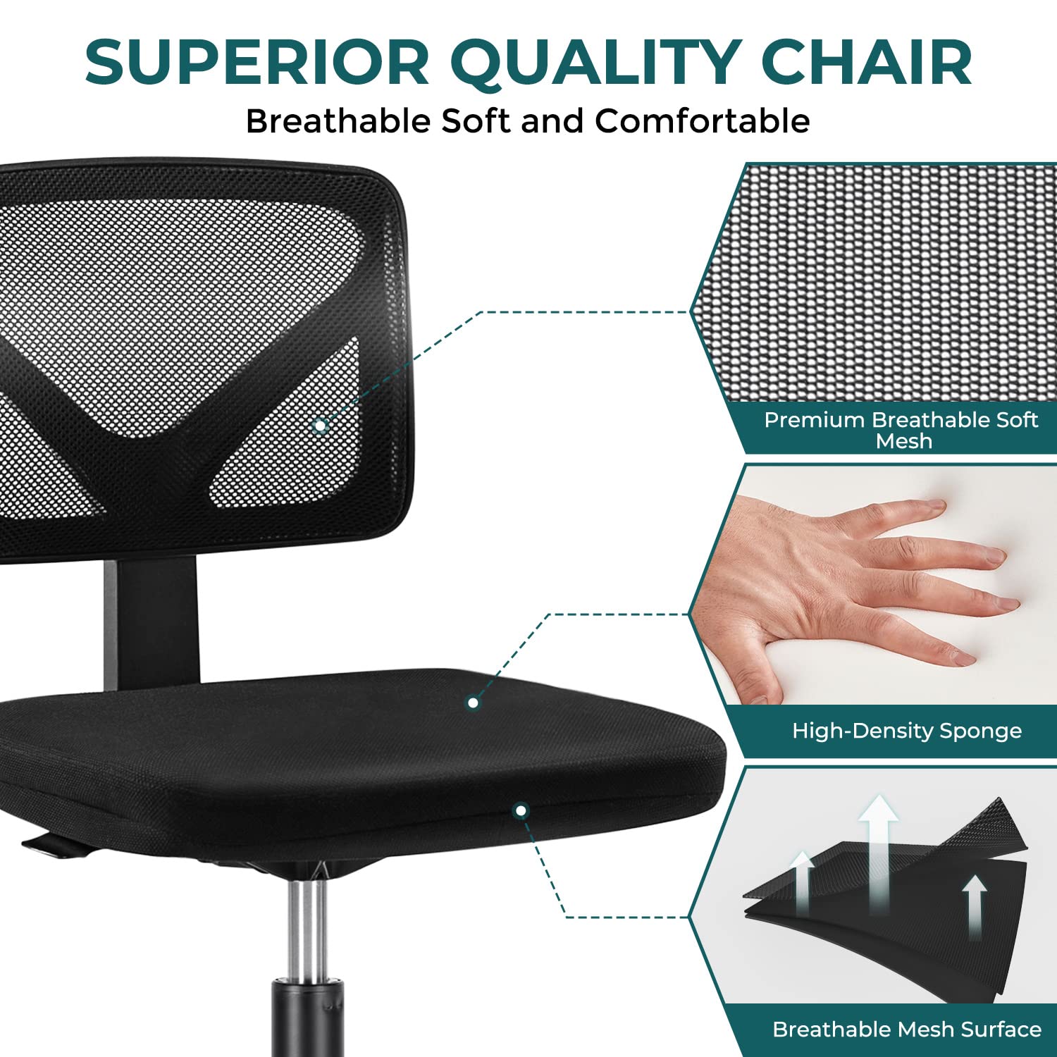 DUMOS Armless Desk Wheels Cute Home Office Arms, Ergonomic Adjustable Swivel Rolling Task, Comfy Mesh Mid Back Computer Work Vanity Chair for Small Spaces, Classic Black