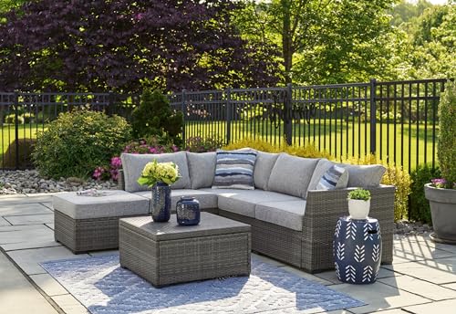 Signature Design by Ashley Petal Road Casual Weather Resistant Cushioned Outdoor Loveseat Sectional/Ottoman/Table Set with 2 Throw Pillows, Set of 4, Gray