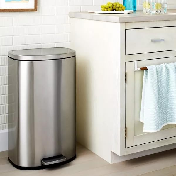 OTLEY 45L D Shape Step Trash Can,Heavy Duty Hands-FreeStainless Steel Commercial/Kitchen Step Trash can, Fingerprin.