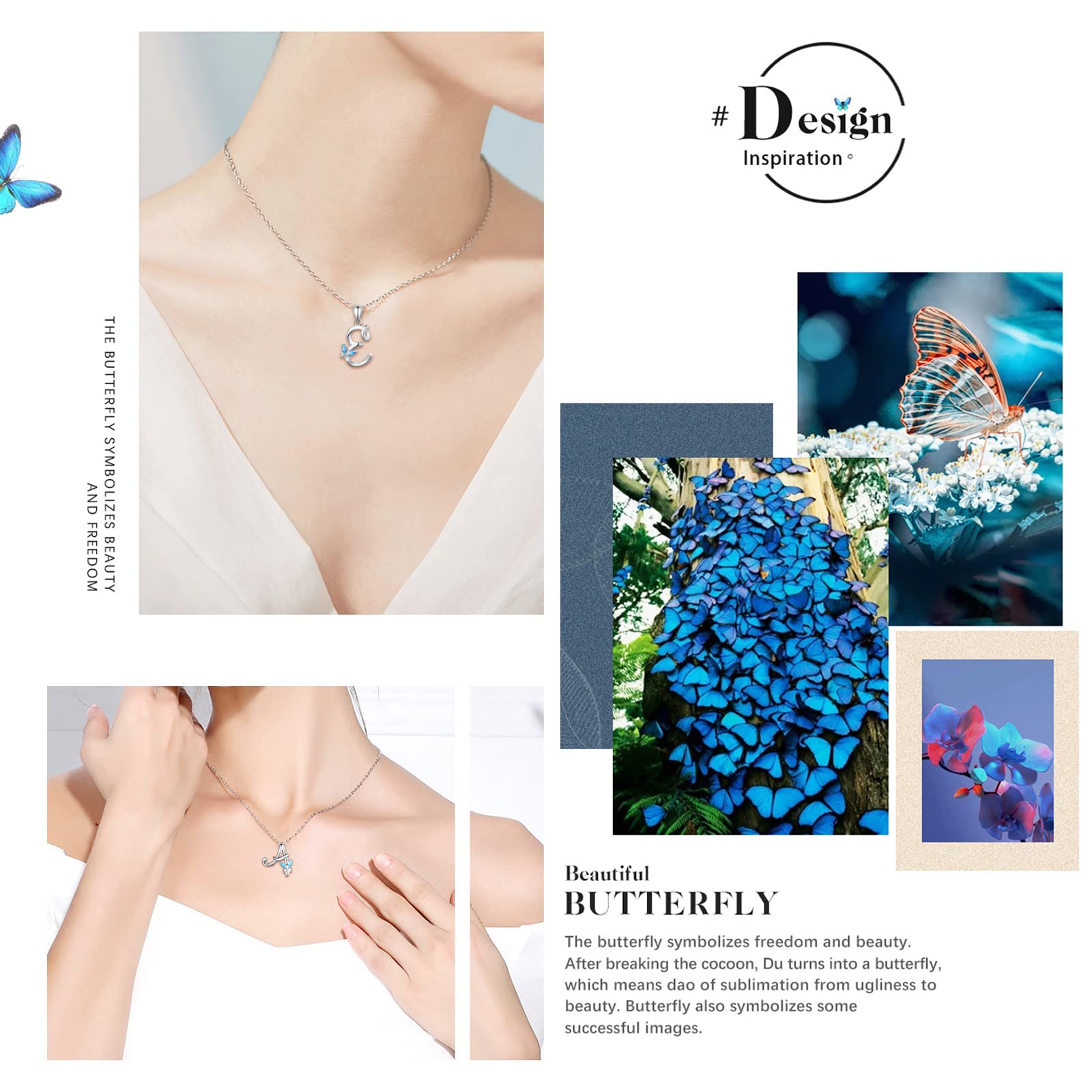EUDORA Sterling Silver Initial A Necklaces for women Alphabet A Necklace Initial Personalized Letter A Pendant with Blue Cubic Zirconia Butterfly for Mom 18" Chain