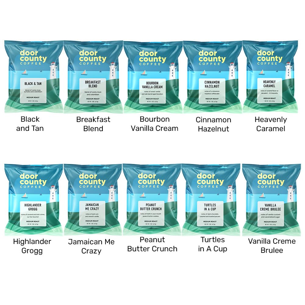 Gourmet Flavored Coffee Sampler Pack - 10 Bags of Unique Flavored Coffees - Roasted by Door County Coffee