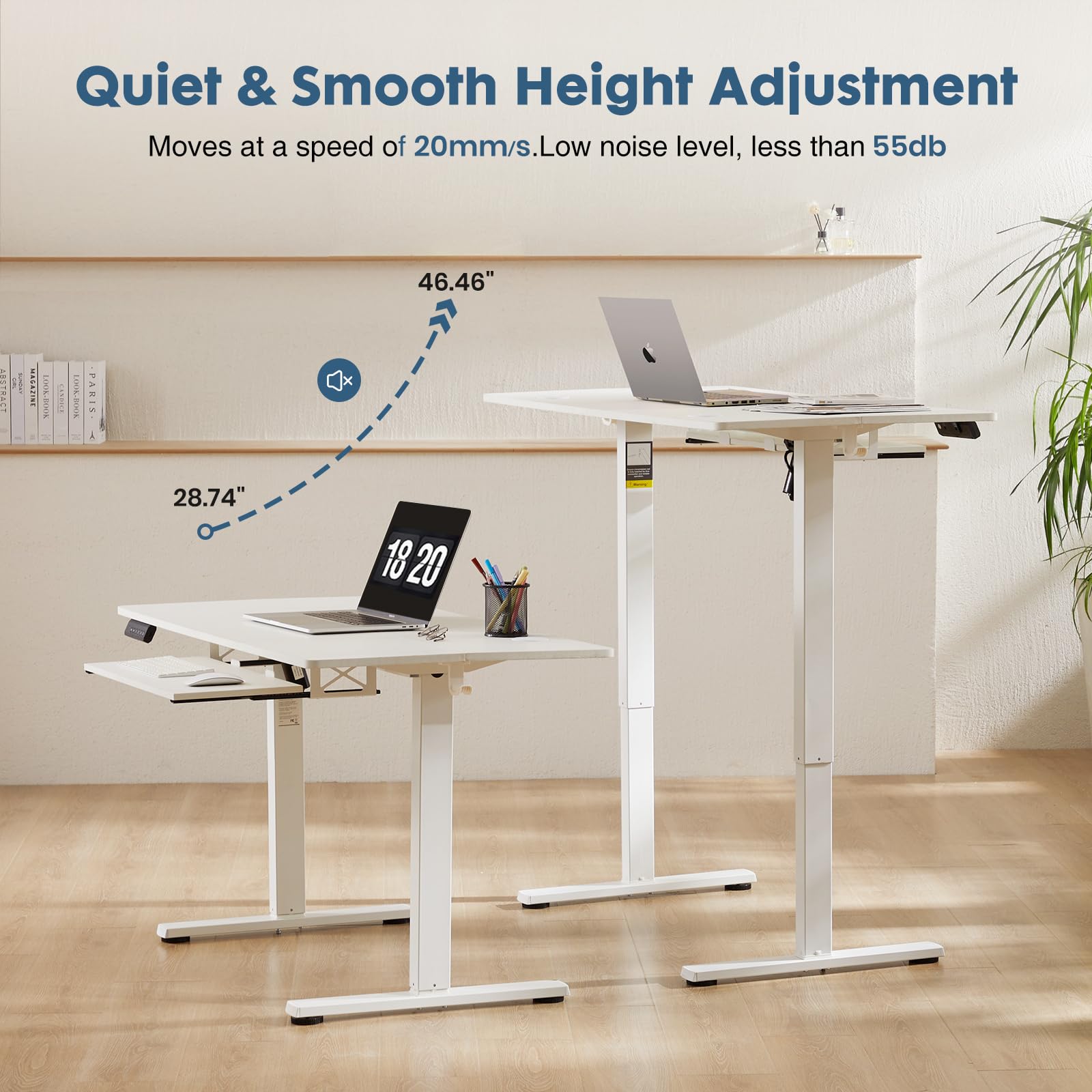DUMOS Electric Height, 55 x 24 Inches Ergonomic Adjustable Memory Preset, Computer Stand Up Desk Suitable for Home Office, White, 55 x 24-Keyboard Tray