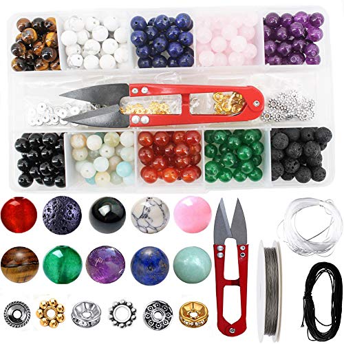 Stone Beads Tool Box Set Kits, 240 PCS Natural Amethyst Lava Stones and Other Assorted Color Gemstones with Accessories Tools for DIY Bracelet Jewelry Making