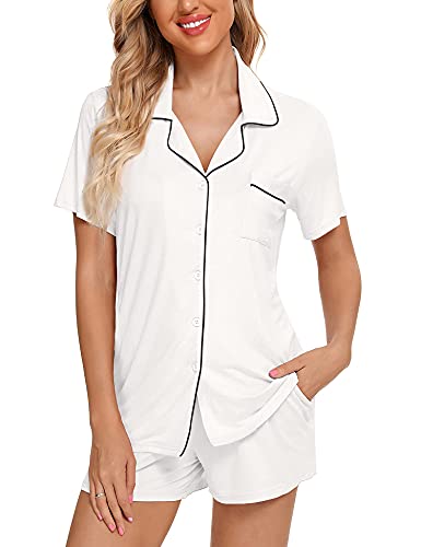 Samring Pajamas for Women Sleepwear Womens Shorts Button Down Cotton Nightwear Set PJS for Women White L