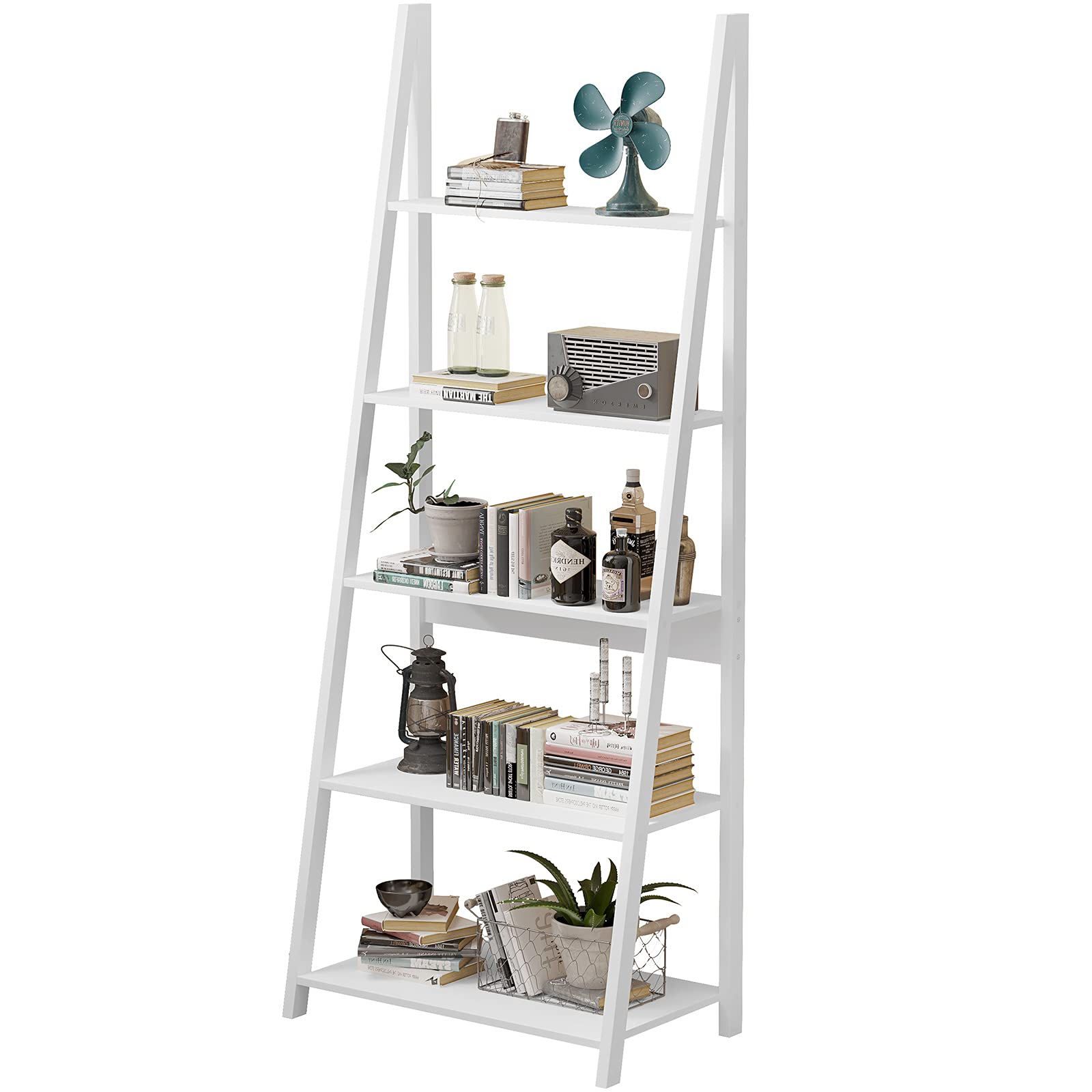 EPHEX 5-Tier Ladder Shelf Bookcase, Leaning Bookshelf, Wooden Frame Decor Modern Bookshelf Storage, Flower Shelf Plant Display Shelf for Home Office (Brown)