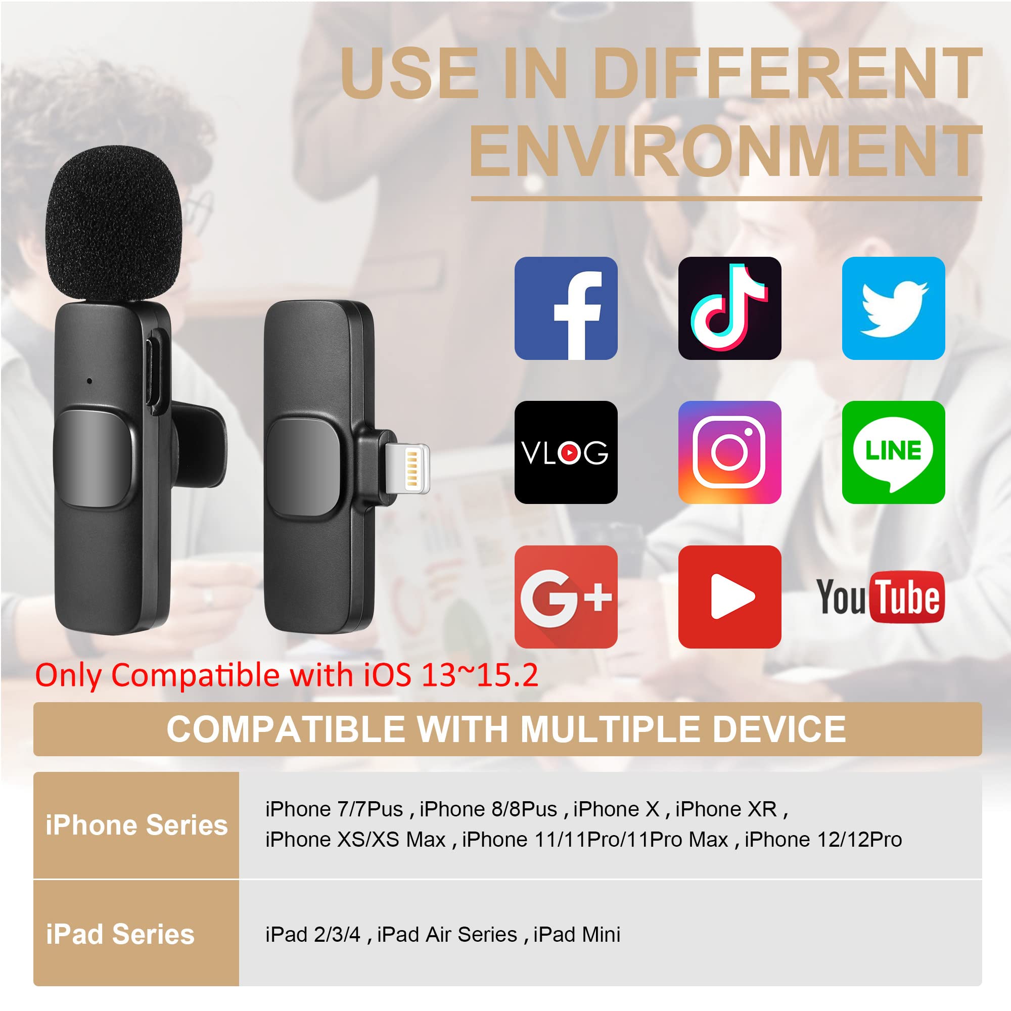 HMKCH Wireless Lavalier Microphone for iPhone iPad, Plug-Play Wireless Mic for Recording, Live Streaming, YouTube, TikTok, Facebook, Noise Reduction/No APP & Bluetooth Needed