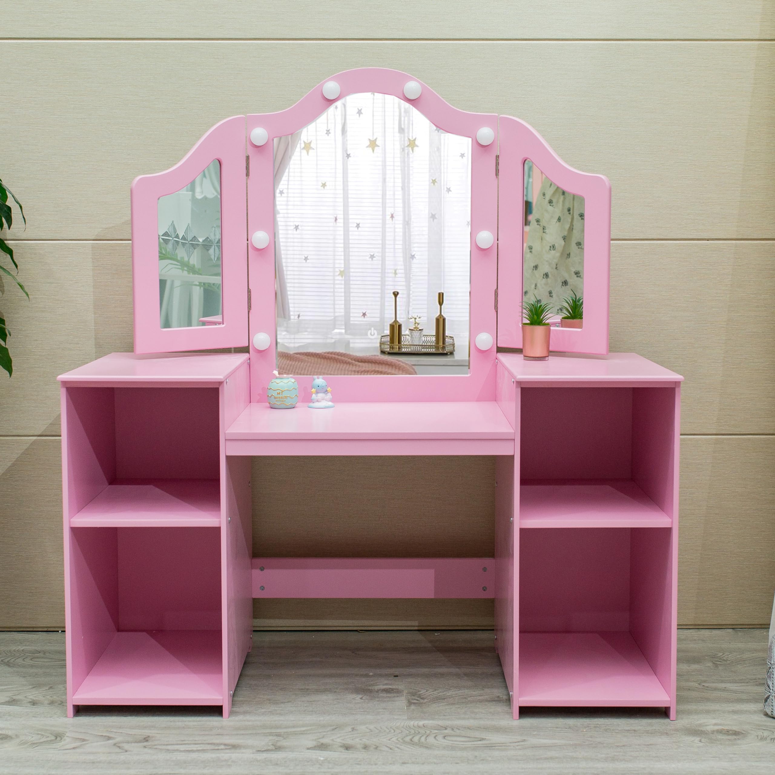 Kids Vanity Table, Girls Vanity Withtouch Light Detachable Tri-Folding Mirror, Open Storage Shelves, Wood Makeup Playset with Chair, Princess Vanity Table for Toddlers