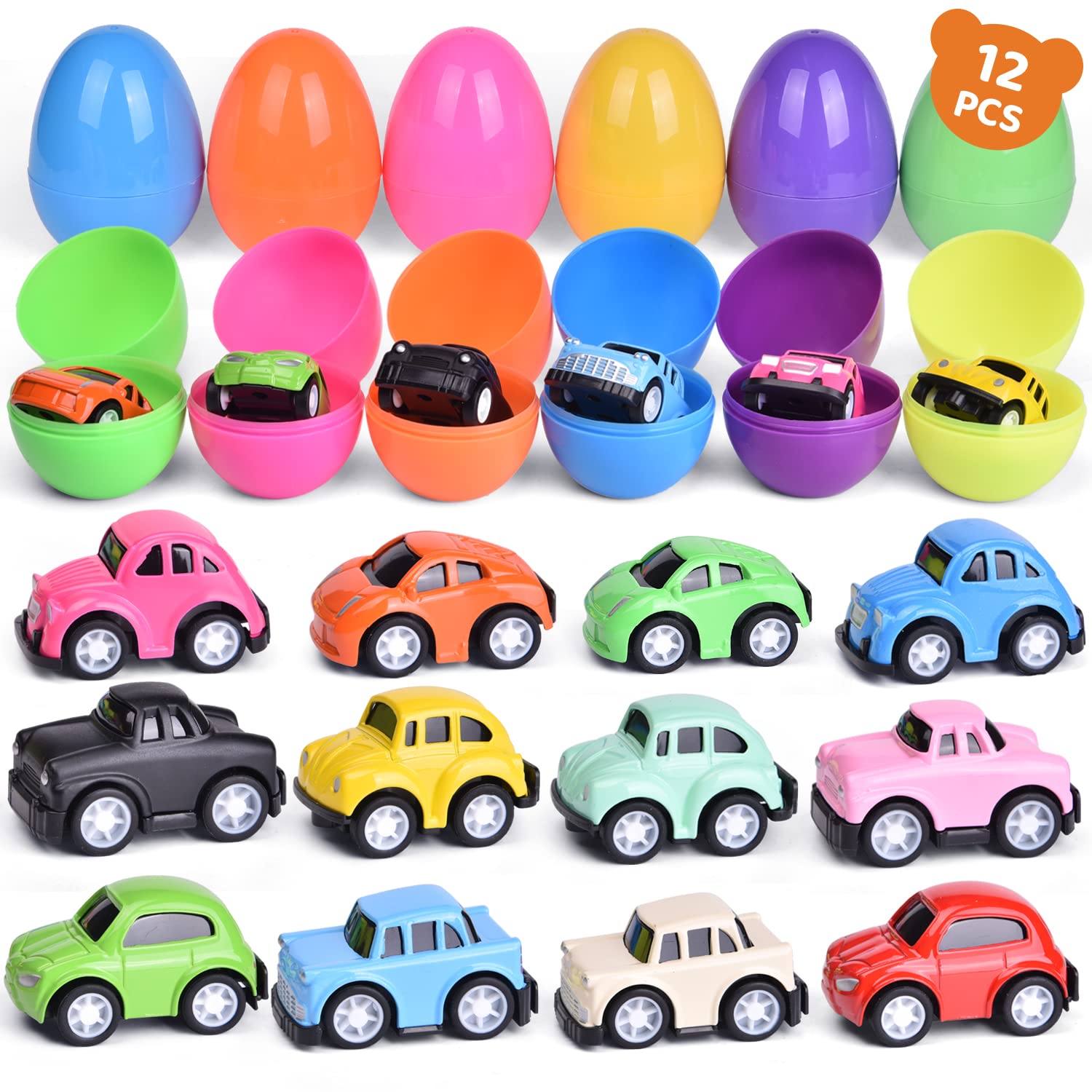 FUN LITTLE TOYS 12 PCs Easter Eggs Prefilled with Pull Back Cars for Kids, Toy Vehicles Easter Party Favors Easter Basket Stuffers, Easter Egg with Toys Inside for Fillers Egg Hunt Classroom Prizes