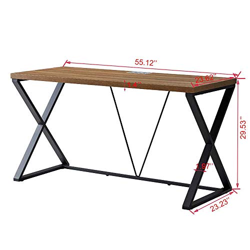 DYH Computer Desk, Rustic Wood and Metal X Writing Desk, Wood Table for Home Office, 55 inch