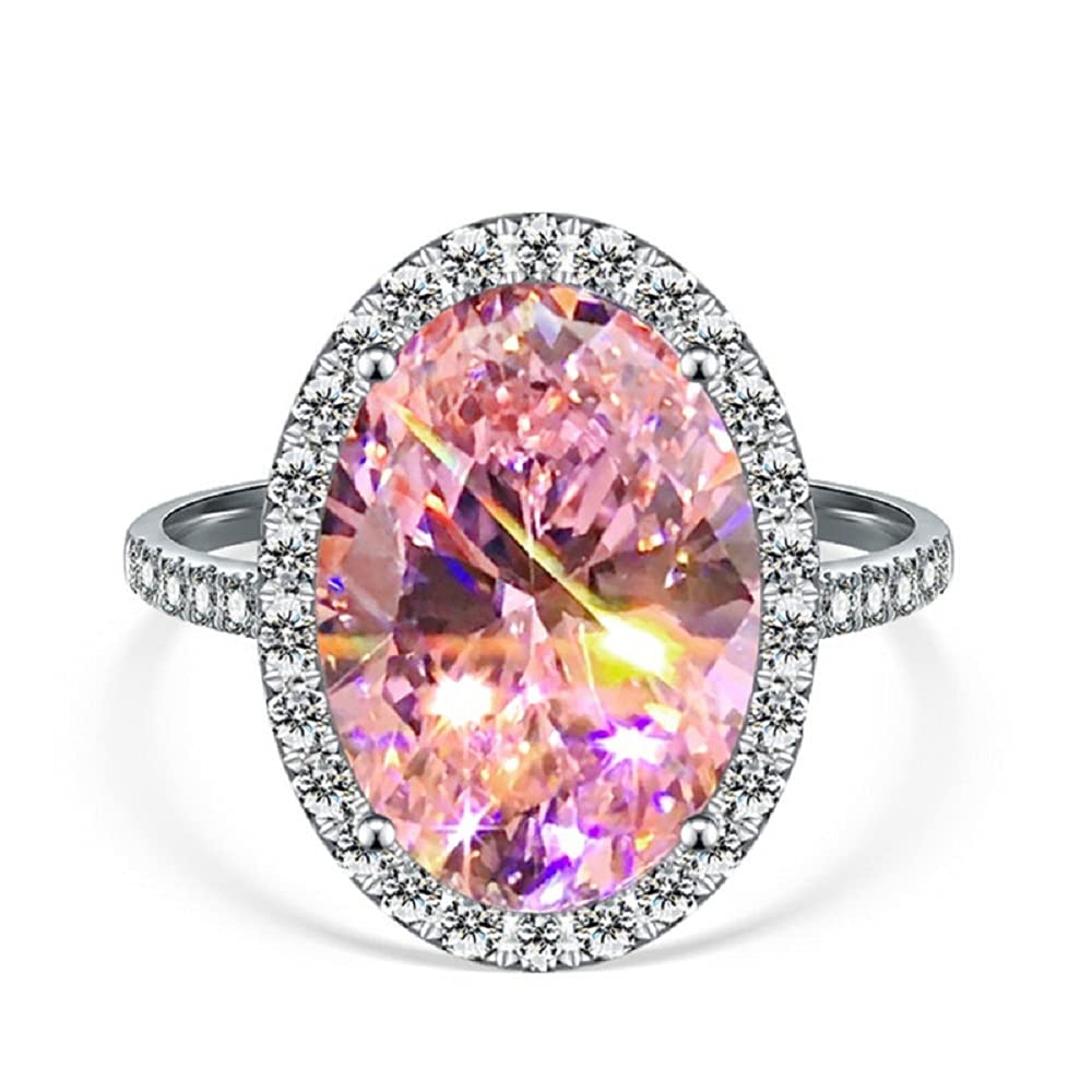 DONGYUANXU Full Diamond Micro Set 4 Carat Egg shaped Diamond Colored Pink Zircon Celebrity Diamond Ring Engagement Women's Wedding Diamond Ring Emerald Set Princess Diamond Ring PINK(US Code 7)