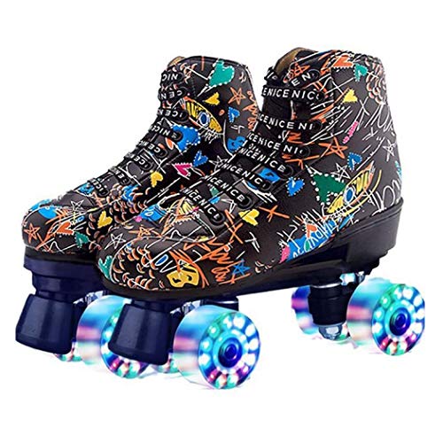 DUBUK Roller Skates Light Up Wheels, Graffiti High-Top Leather Adjustable Hardwearing Double Row Roller Skates with Illuminated Wheels for Boys and Girls (Black b,41)