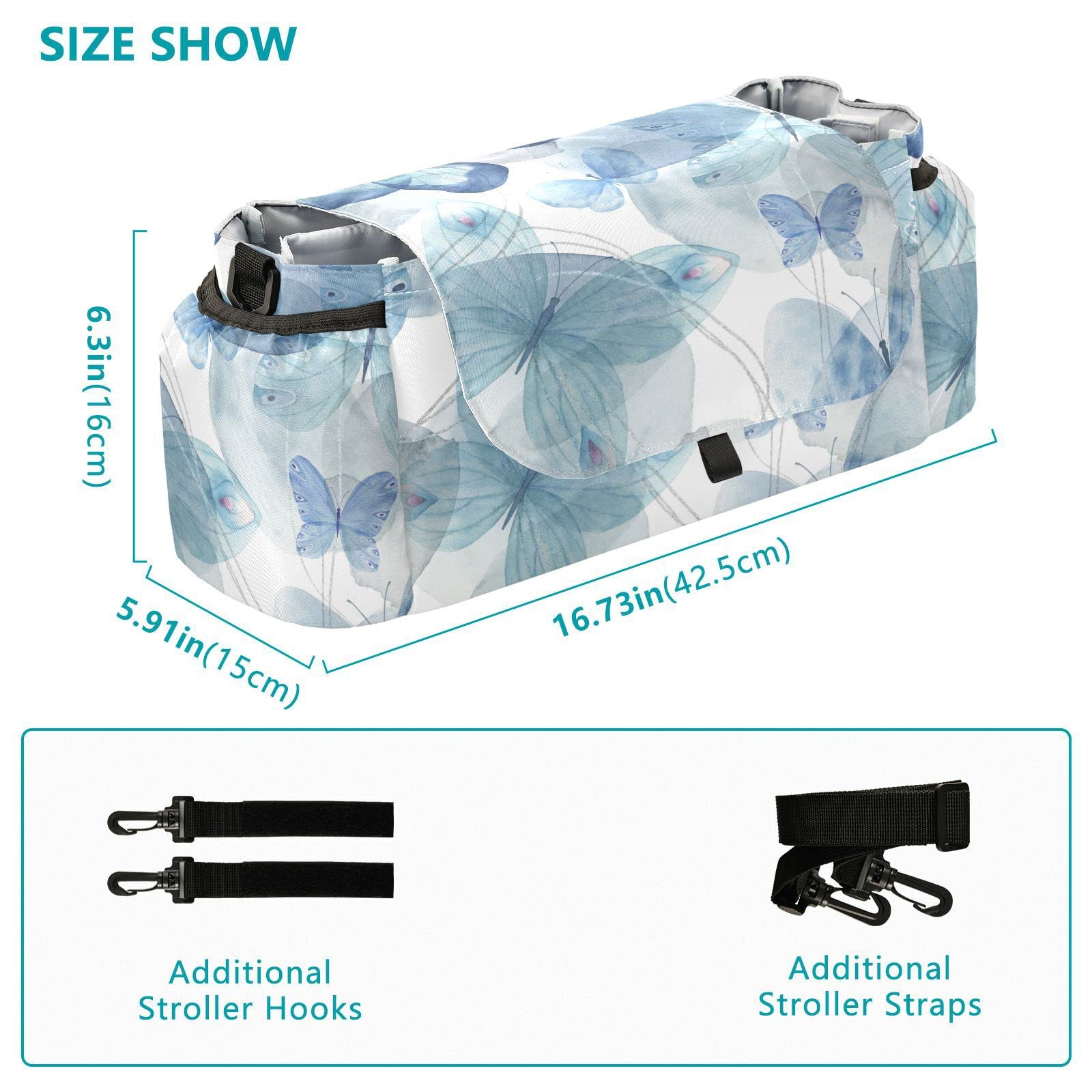 Kigai Blue Butterflies Baby Stroller Organizer with Cup Holders, Secure Hooks Accessories Adjustable Strap Stroller Bag for Bottle, Diaper, Phone, Toys, Baby Items
