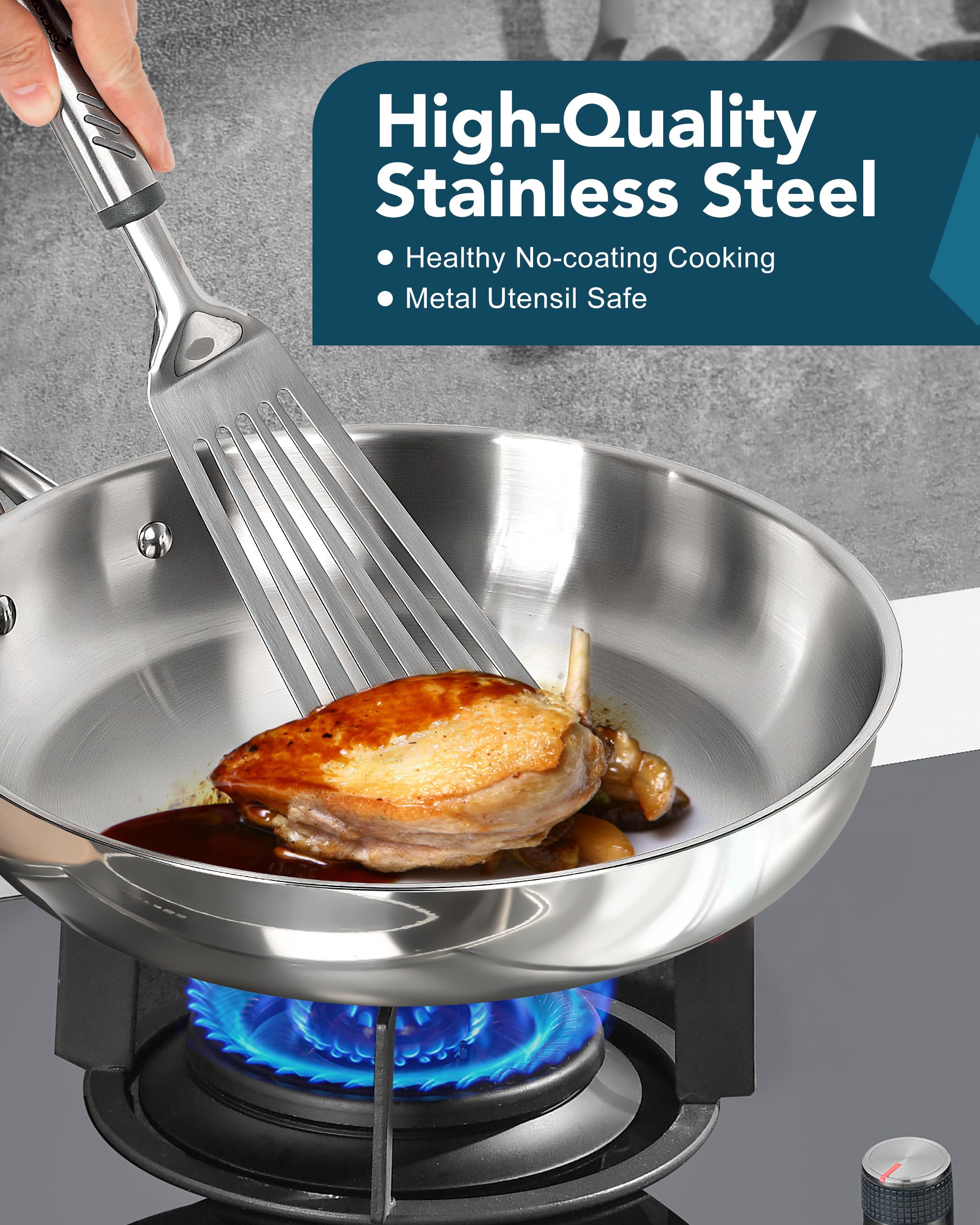 MICHELANGELO Stainless Steel Frying Pan Set, 8" / 9.5" / 11" Cooking Pans, Triply Base Stainless Steel Pan Set with Ergonomic Handle, Induction Compatible