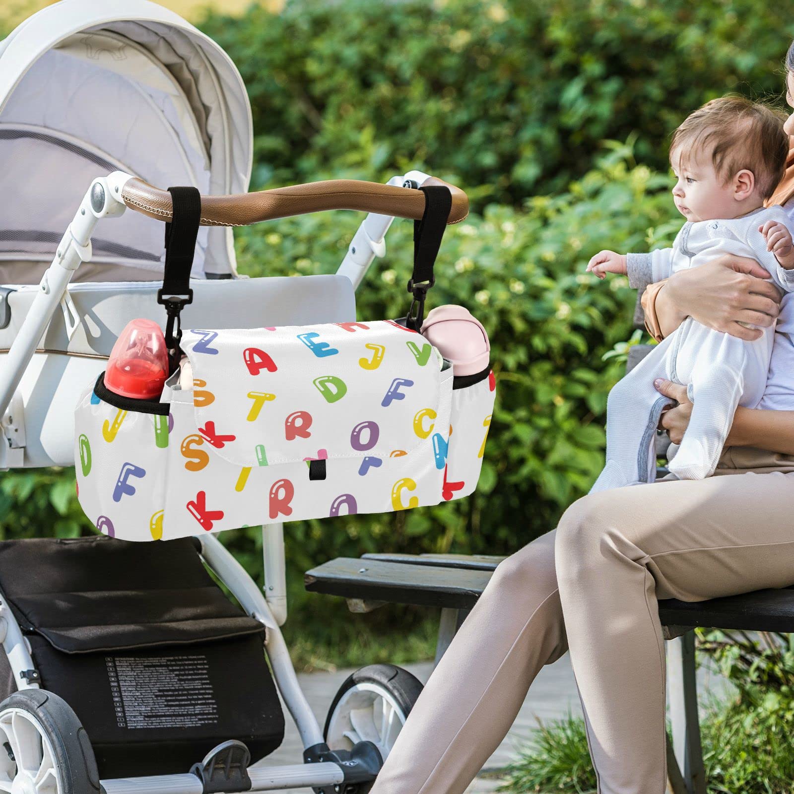 Kigai Colorful Alphabet Baby Stroller Organizer with Cup Holders, Secure Hooks Accessories Adjustable Strap Stroller Bag for Bottle, Diaper, Phone, Toys, Baby Items