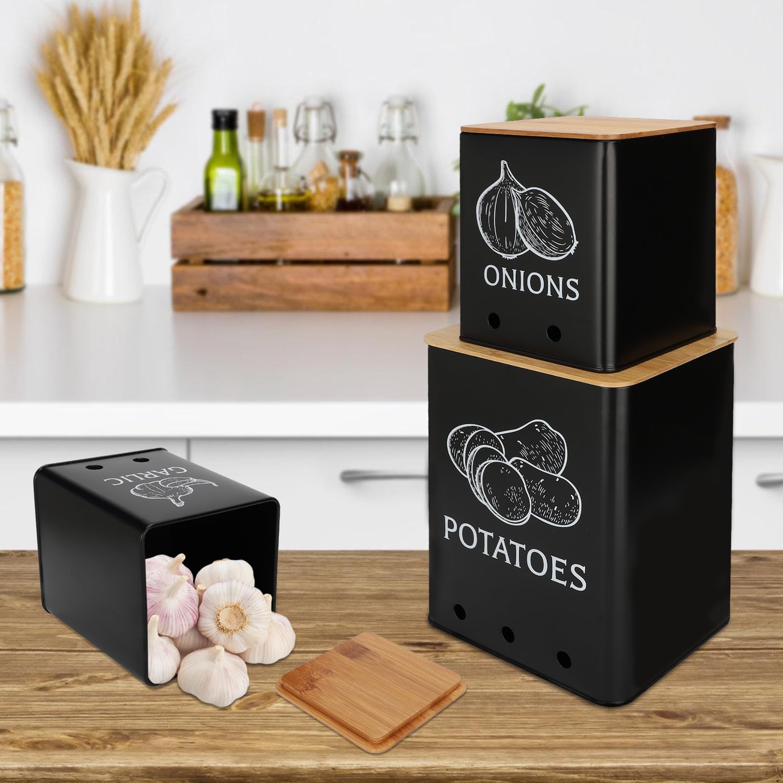 Moondust Wj 3 Pack Vegetable Storage Tins,Potatoes Storage,Metal Onion and Potato Storage Bins,Kitchen Potato and Onion Storage Bin,Onion Storage Containers with Aerating Holes and Wooden Lid.