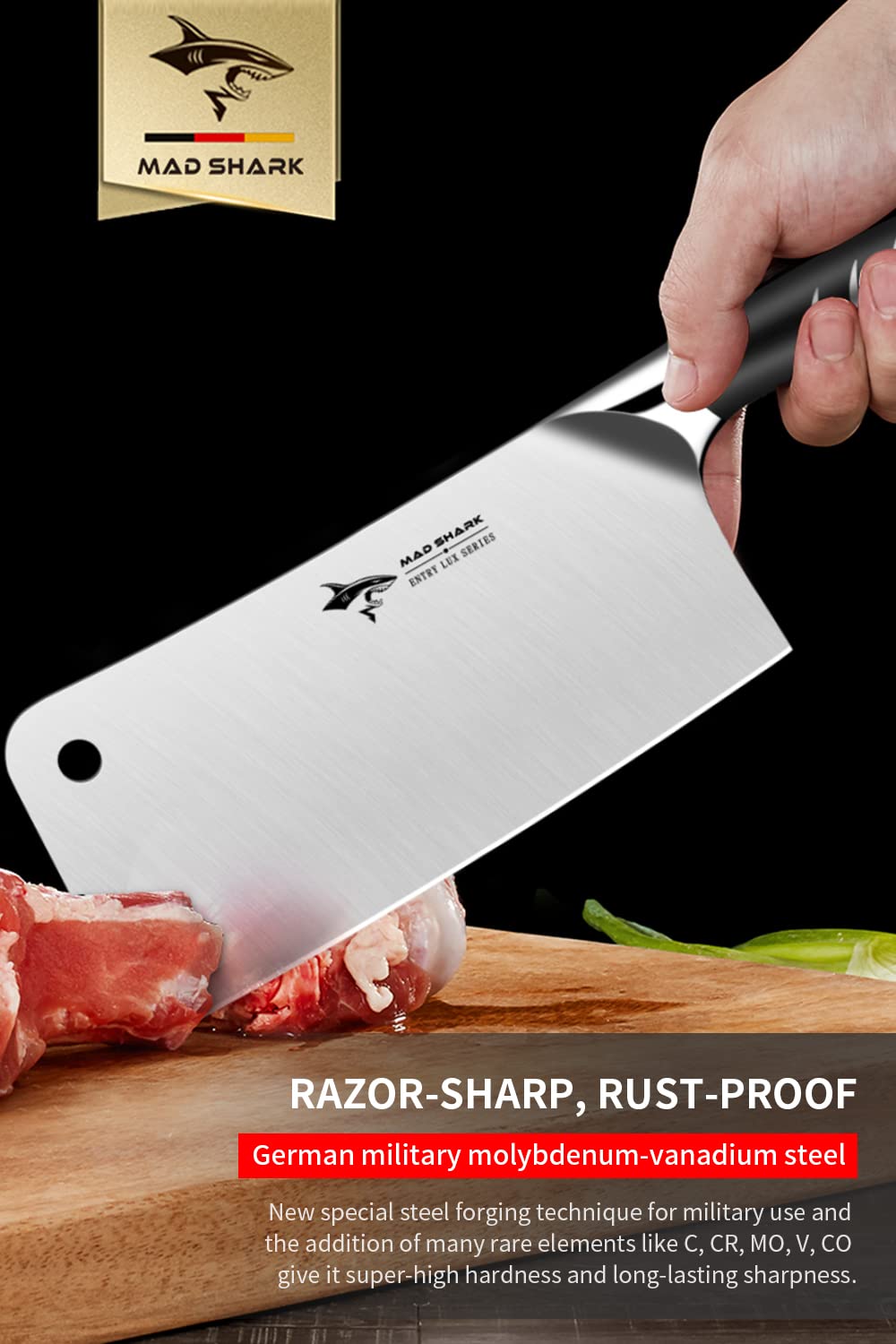 MAD SHARK Meat Cleaver & Heavy Duty Bone Chopper Knife 7.5 Inch, German High Carbon Stainless Steel Butcher Knife for Home Kitchen