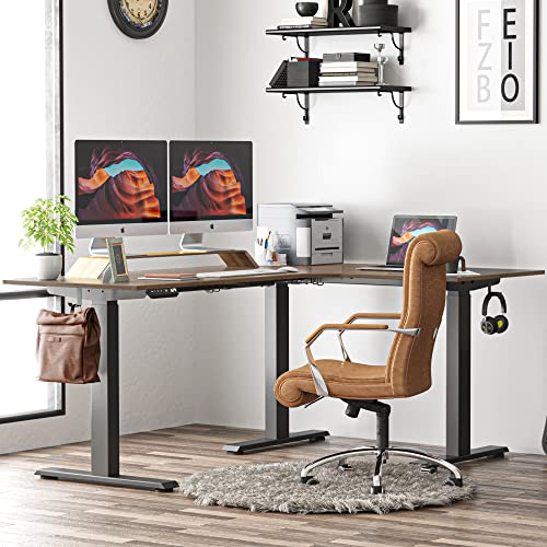FEZIBO Triple Motor L-Shaped Electric Standing Desk, 63 Inches Height Adjustable Stand up Corner Desk, Sit Stand Workstation with Splice Board, White Frame/White Top