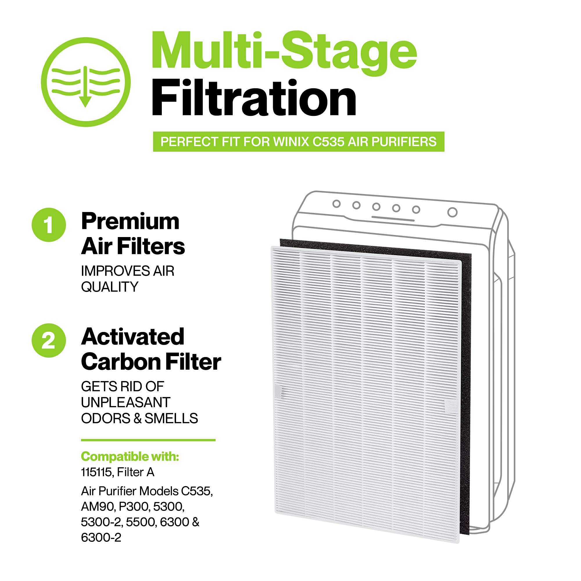Durabasics Air Filter Set Compatible with Winix C535 Replacement Filter - Compatible with Winix 5500-2 Air Purifier Filter Replacement & Winix Filter A - 2 Filters & 10 Pre-Cut Carbon Pre Filters