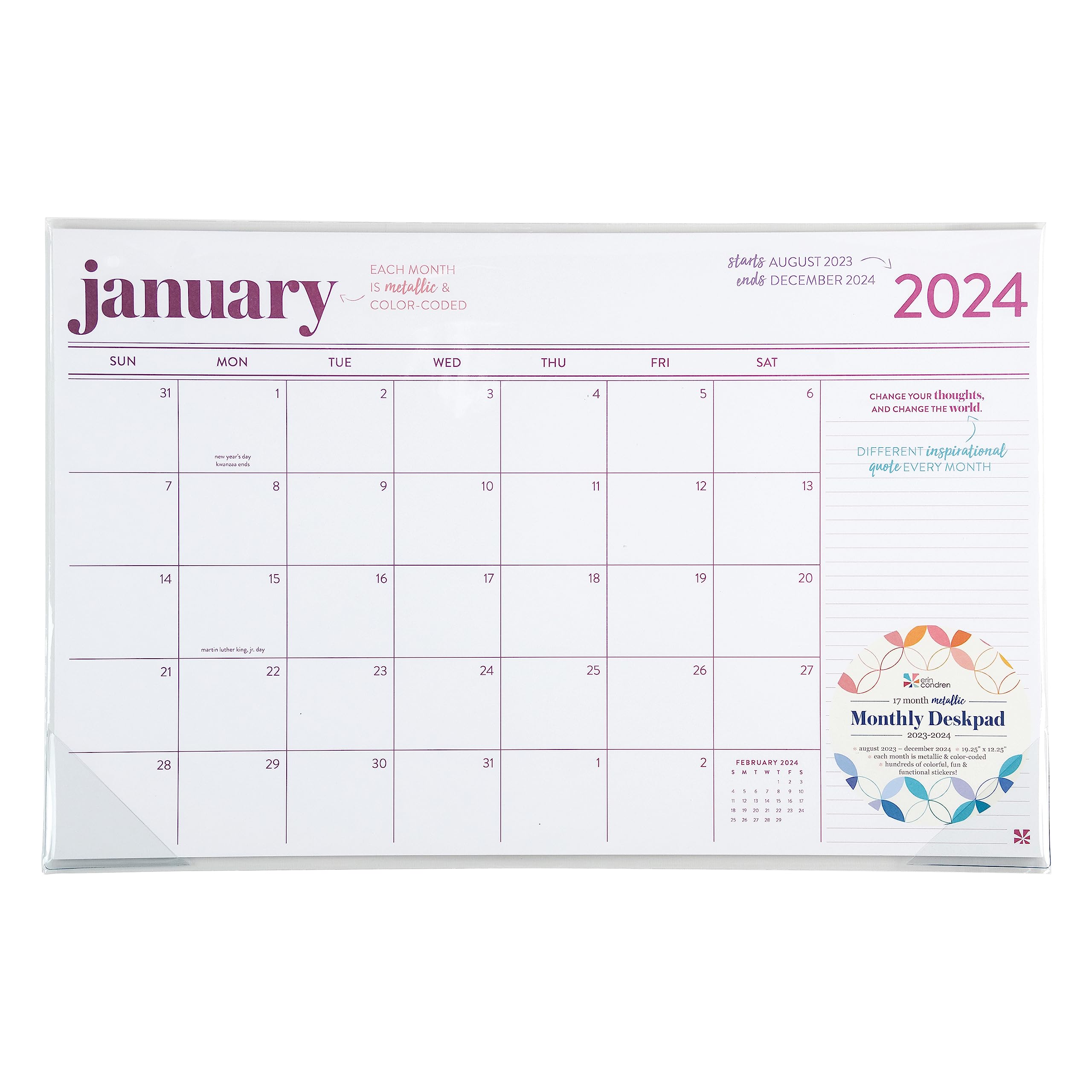 Erin Condren Metallic Monthly Deskpad - 17 Month (August 2023 - December 2024) Functional Organization Essentials for Teachers - Desk Calendar with 19.25" x 12.25" Sheets