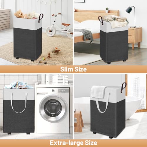 EpicTotes 24.4-Inches Rolling Slim Laundry Basket on Wheels, Collapsible & Waterproof Laundry Hamper, Freestanding Narrow Corner Clothes Bins with Easy Carry Handles for Clothes at Home, Grey