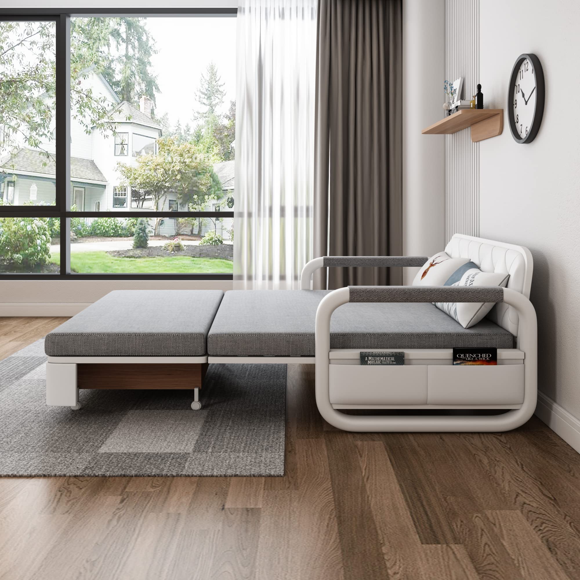 Luck Idea 62" Modern Light Gray Cotton Linen Upholstered Convertible Pull Out Sofa Bed with Storage, Perfect for Living Room or Bedroom (34.6" D x 62.2" W x 34.2" H)