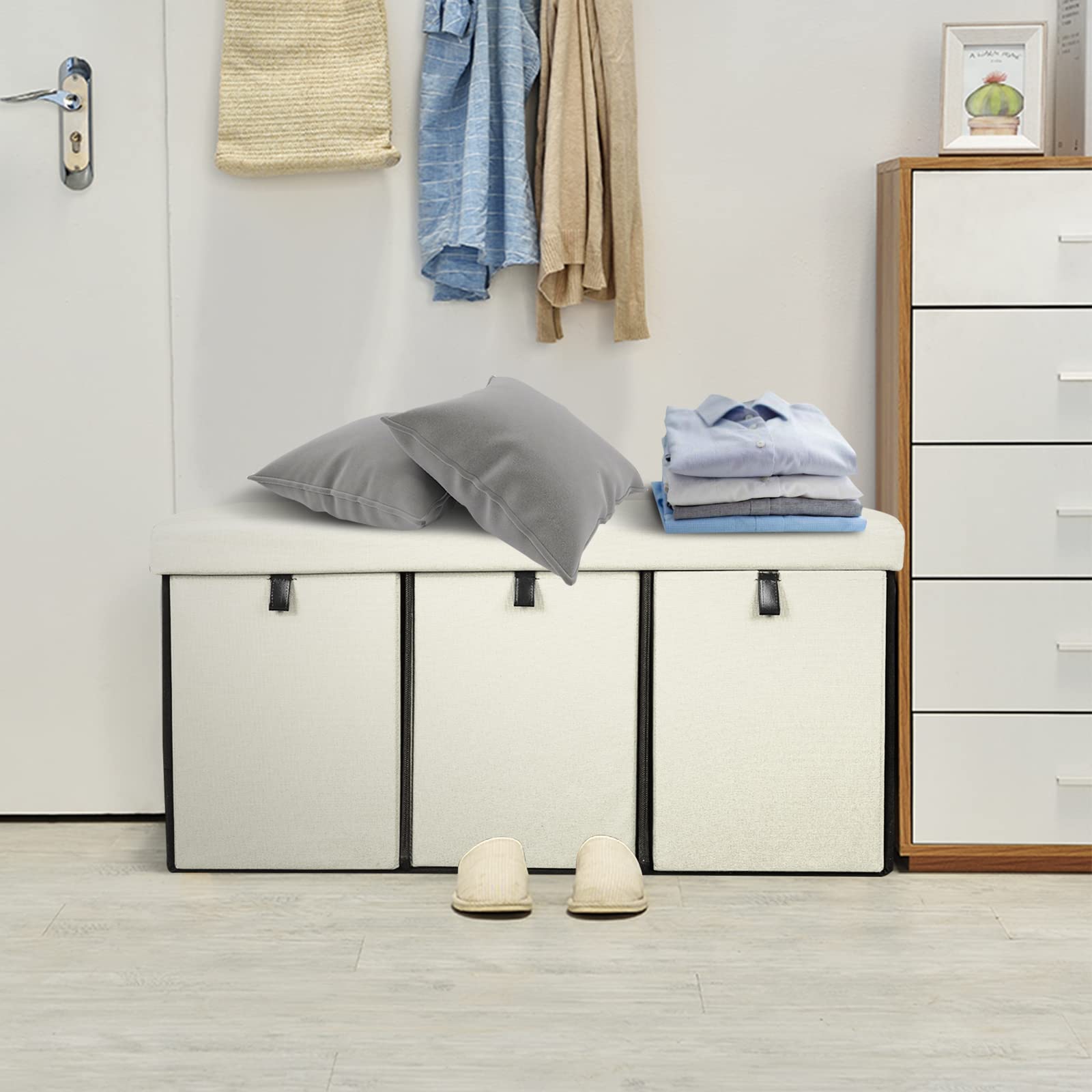 ECOMEX Storage Ottoman with Drawers, Folding Storage Ottoman Bench with Foam Padded Seat, Storage Bench and Faux Leather Ottoman Foot Rest for Bedroom and Hallway Support 600LBS Beige