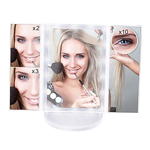 DUcare Makeup Mirror Vanity with Lights【Update】 2X 3X 10x Magnification, Lighted Makeup Mirror, Trifold Makeup Mirror, Dual Power Supply, Portable LED Makeup Mirror, Touch Screen-White Women Gift