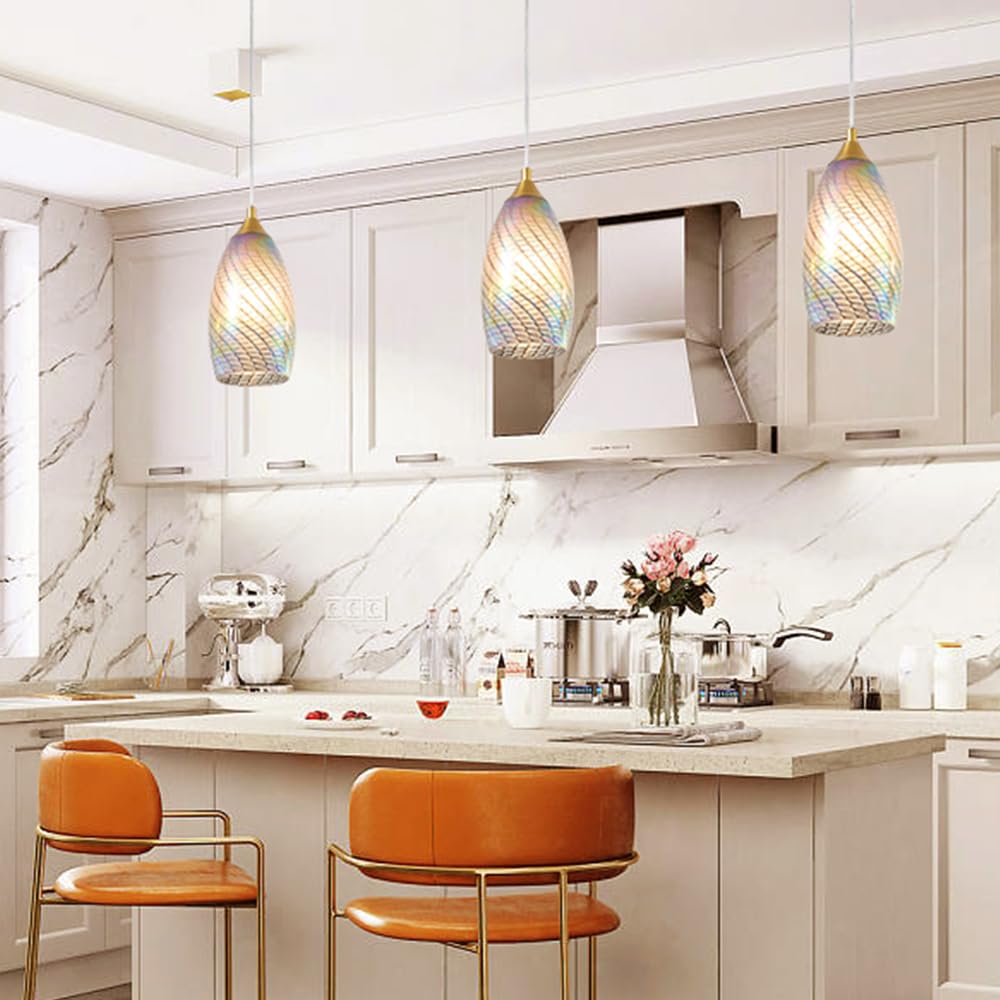 Eicrkodn Mini Glass Pendant Lights Kitchen Island, Handcrafted Blown Art Glass Ceiling Pendant Lighting with Brushed Gold Finish, Adjustable Cord Pendant Lights for Hallway,Dining Room, 3 Pack